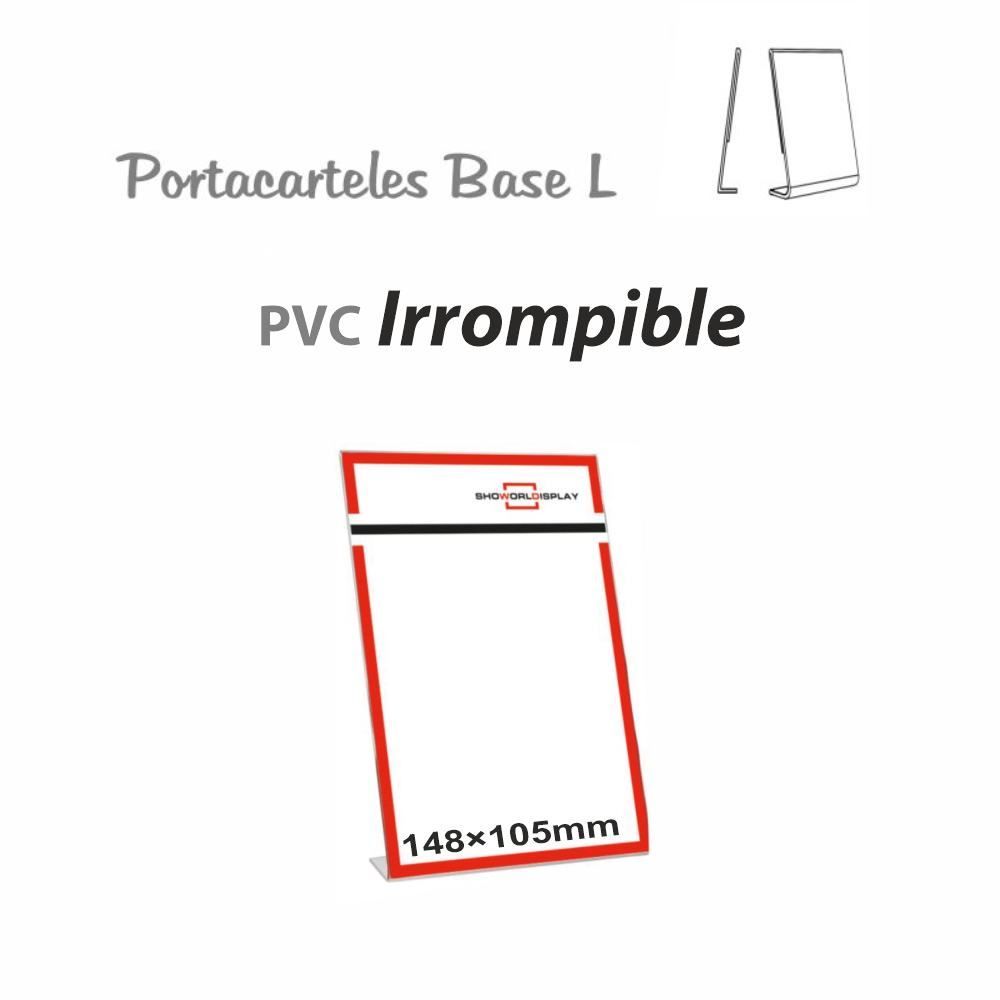 Portacarteles PVC vertical A6 base L irrompible - Vimor.es